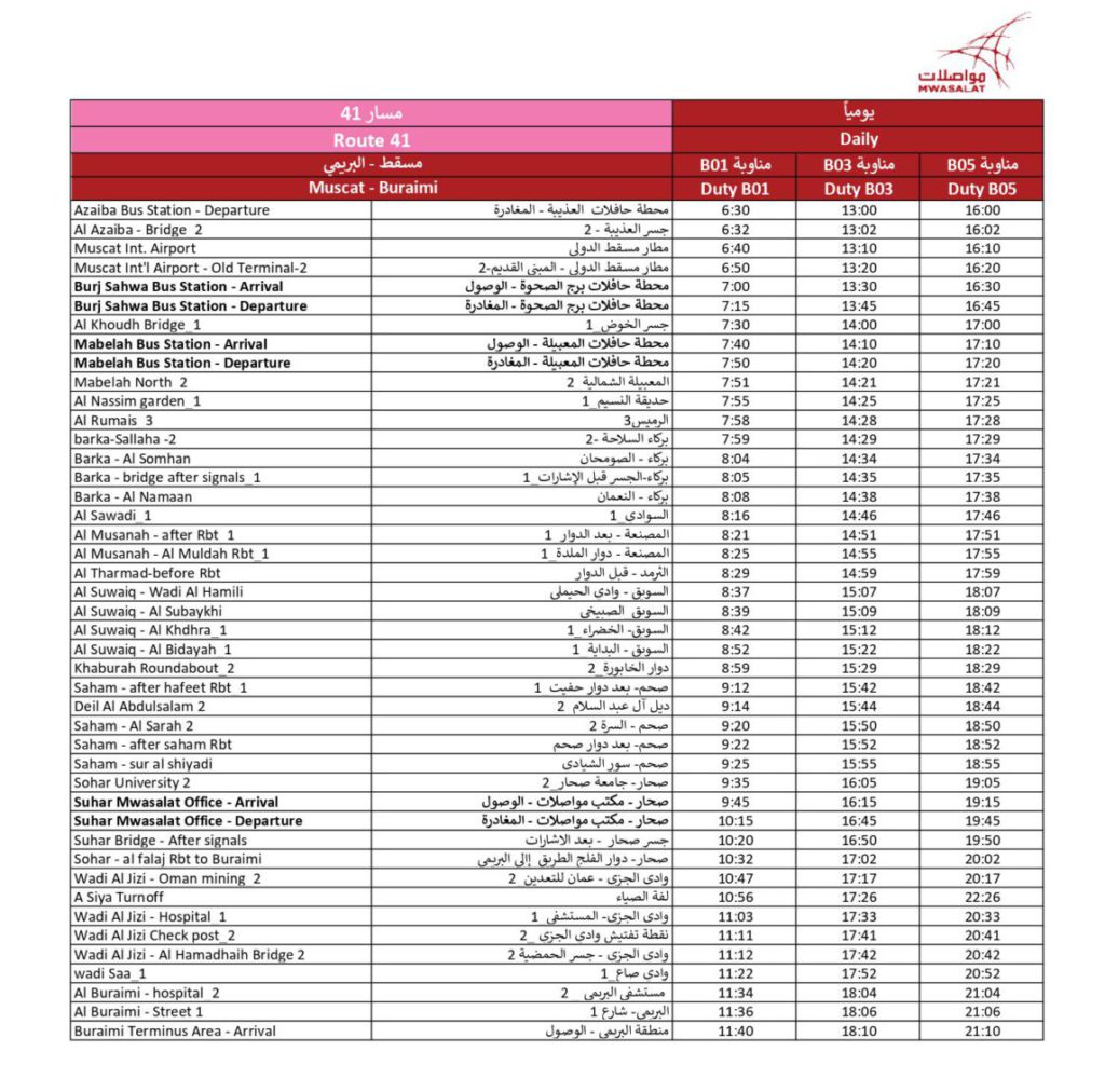 Oman Bus Route 41: From Buraimi to Muscat Timetable, Route Maps, Stops ...