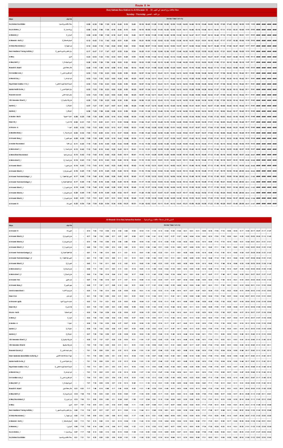 Oman Bus Route 8: From Al Khuwair to Burj Sahwa Station Timetables ...