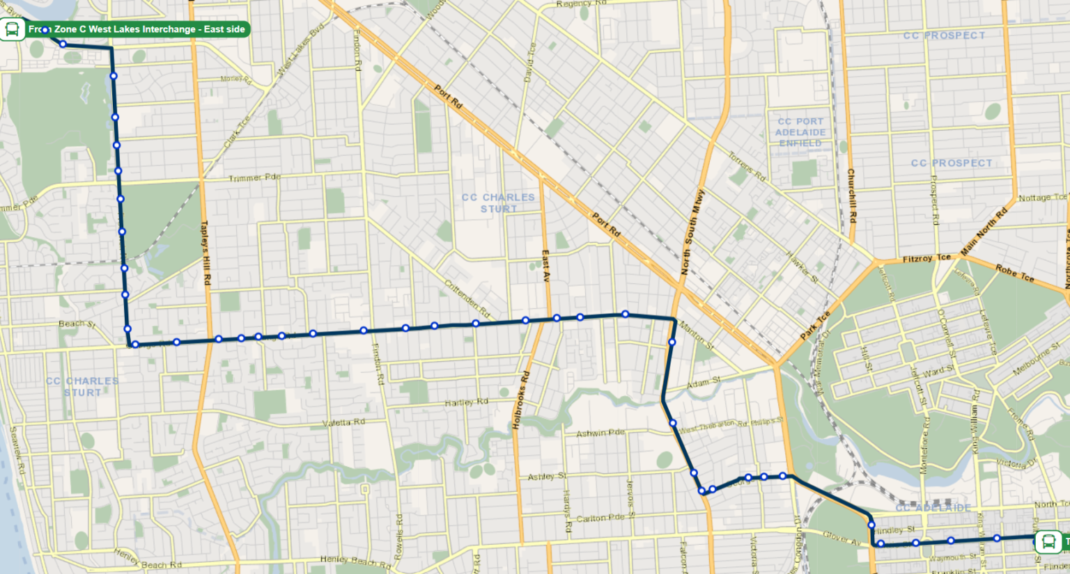 Adelaide Bus Route No: 110 (Through-City routes) runs from West Lakes ...