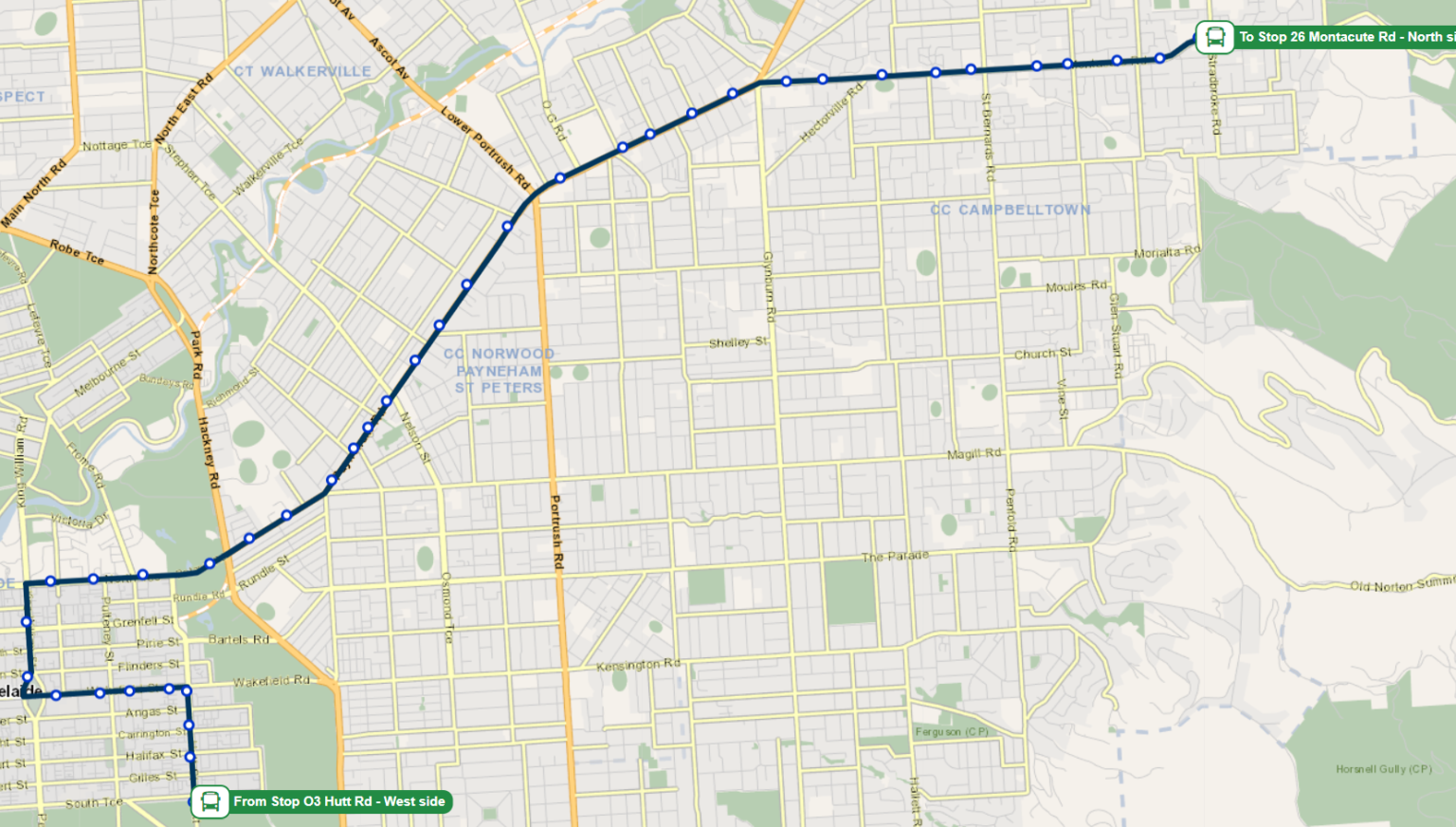 Adelaide Bus Route No: 178S (Eastern Routes) runs from Paradise ...