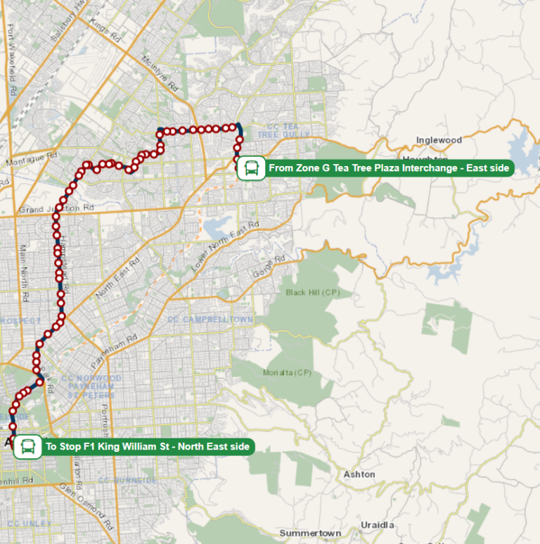 Adelaide Bus Route No: 203 (City Buses(Northern Routes)) runs from Tea ...