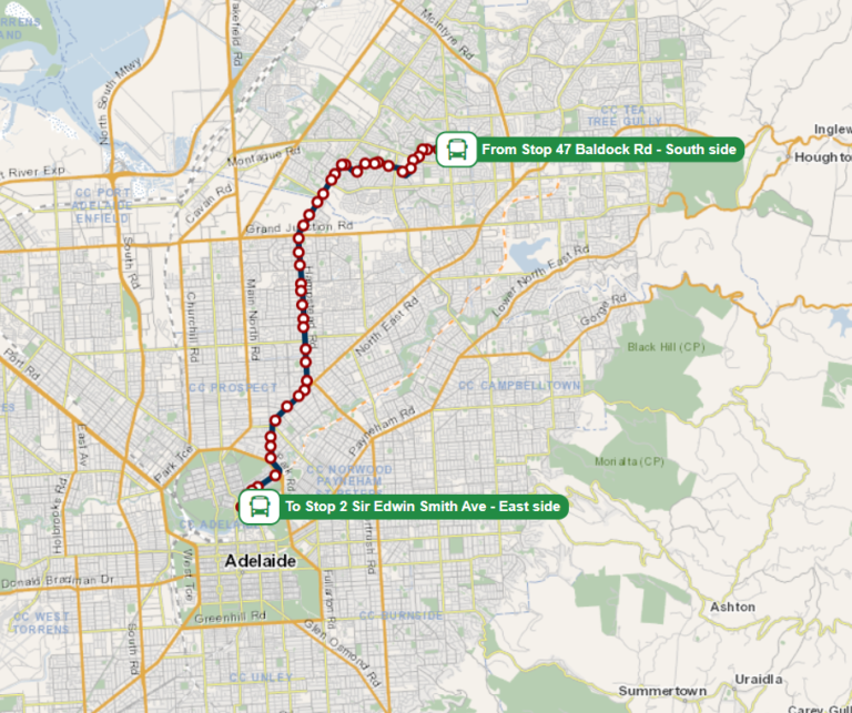 Adelaide Bus Route No: 203F (City Buses(Northern Routes)) runs from Tea ...