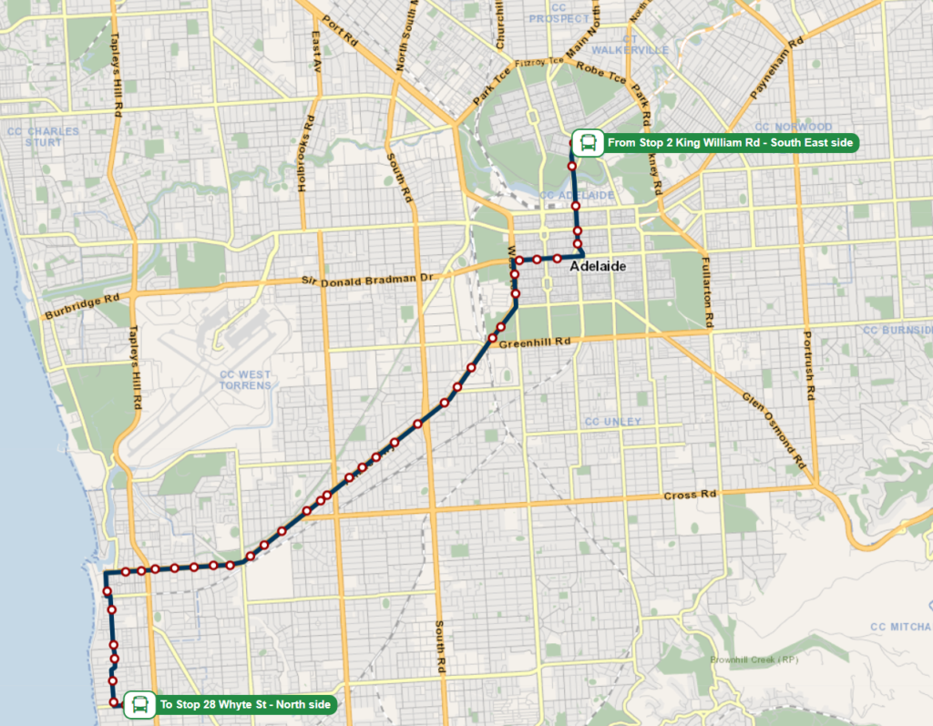 Adelaide Bus Route No: 265W (City Routes(Southern Routes)) runs from ...