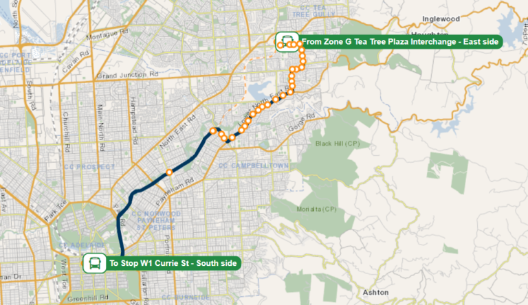 Adelaide Bus Route No: 556 (O-Bahn City Routes) runs from Tea Tree ...