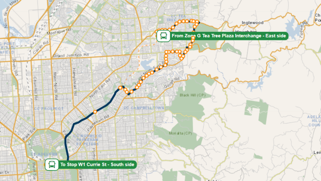 Adelaide Bus Route No: 557 (O-Bahn City Routes) runs from Tea Tree ...
