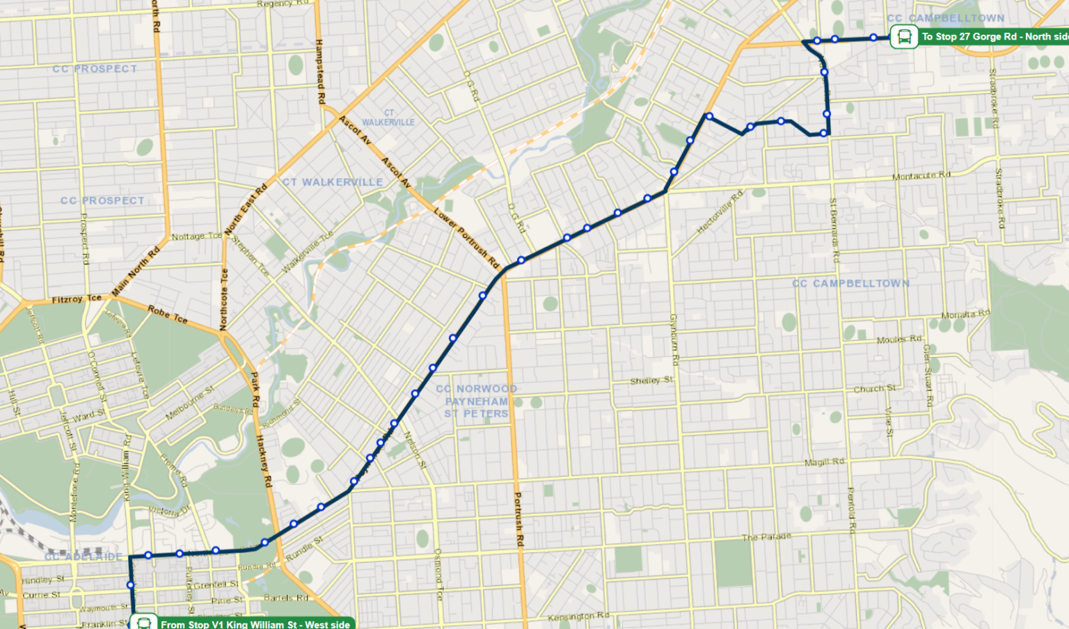 Adelaide Bus Route No: 176G (Eastern Routes) runs from Adelaide city ...