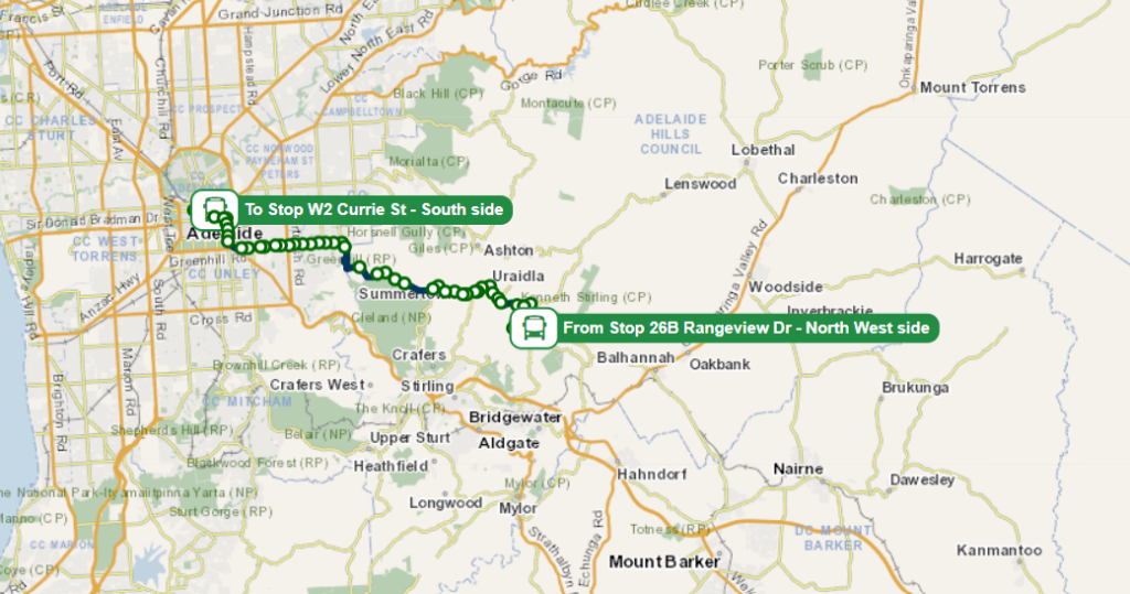 Adelaide Bus Route No: 822 (City Buses(Adelaide Hills Buses)) runs from ...