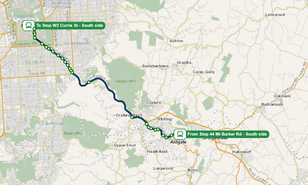 Adelaide Bus Route No: 863 (City Buses(Adelaide Hills Buses)) runs from ...