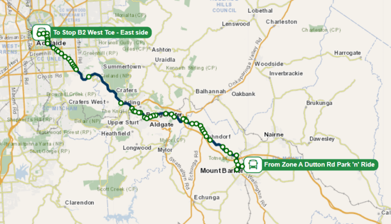 Adelaide Bus Route No: 864 (City Buses(Adelaide Hills Buses)) runs from ...