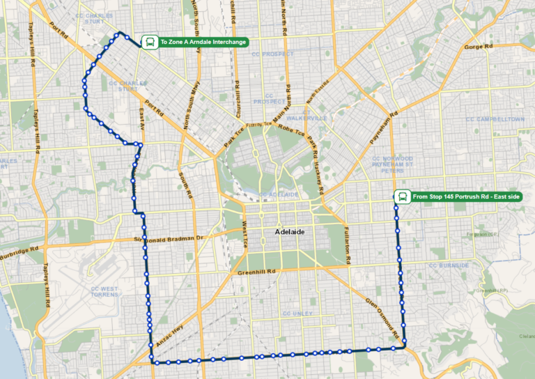 Adelaide Bus Route No: 100 (Cross Town Connector Services) runs from ...