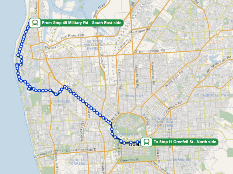 Adelaide Bus Route No: 157 (City Buses(Western Routes)) runs from Largs ...