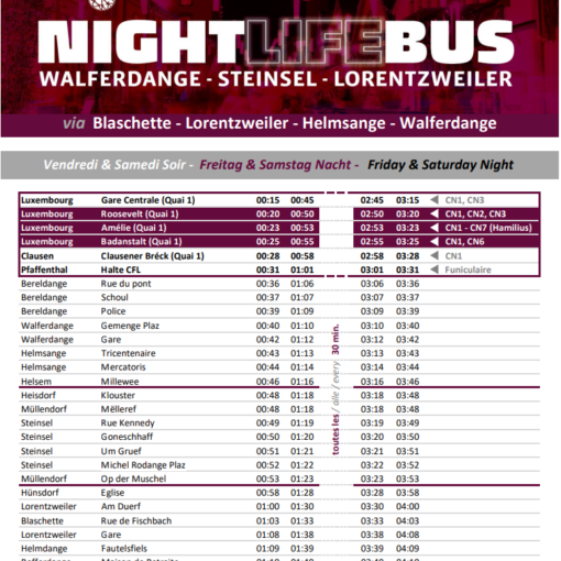 Luxembourg Mobiliteit City Night Bus Line No: CN7 from Centre to ...