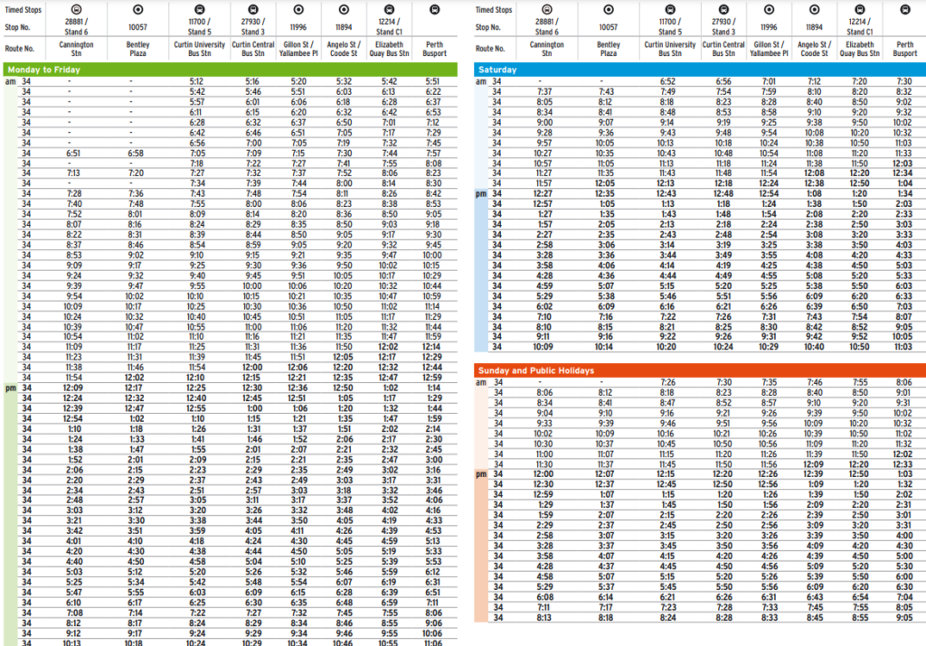 Transperth Bus Route 34 From Perth Cannington Stn Timetables Route