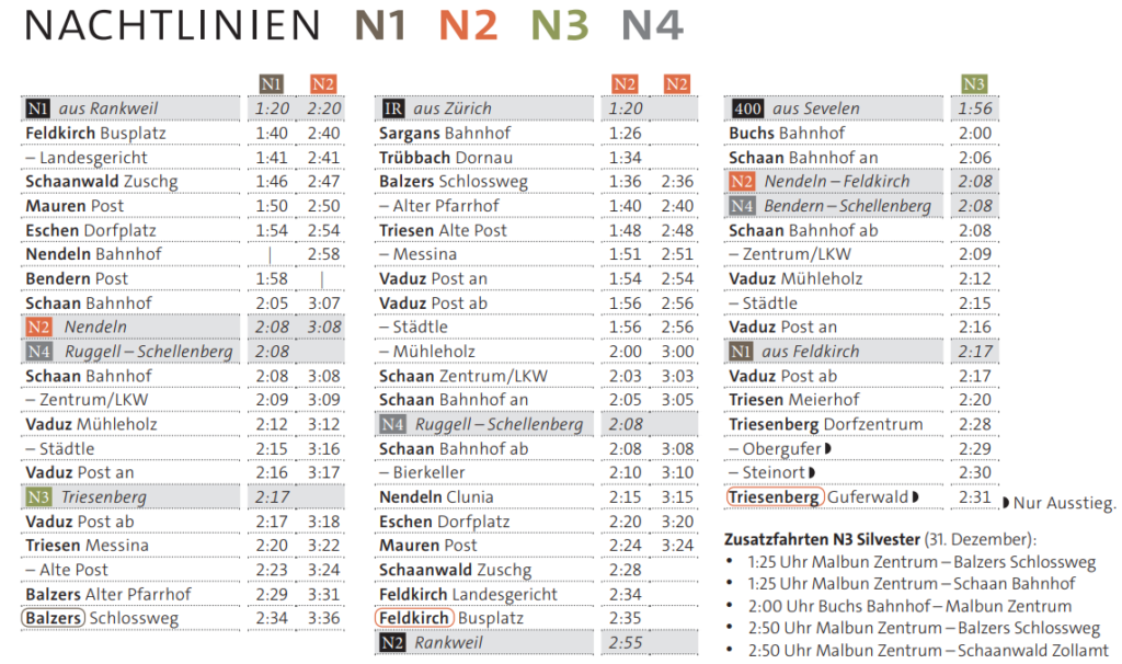 Liechtenstein (LIEmobil) Night Bus Route No: N2 from Trubbach to ...