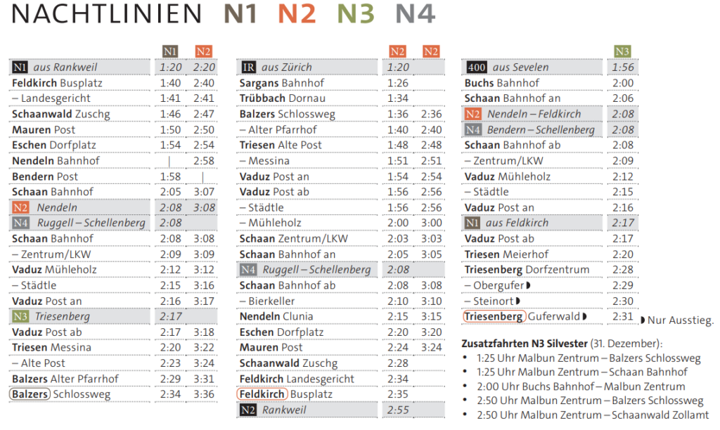 Liechtenstein (LIEmobil) Night Bus Route No: N3 from Buchs Sg Bahnhof ...