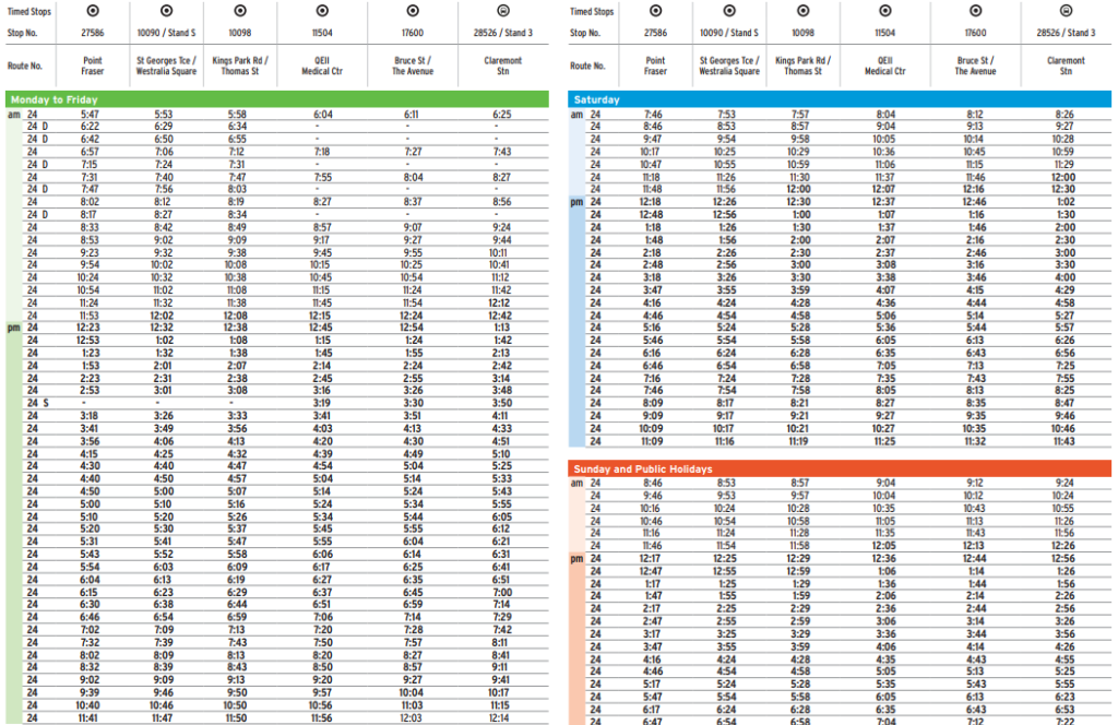 Transperth Bus Route 24 From East Perth - Claremont Stn Timetables ...