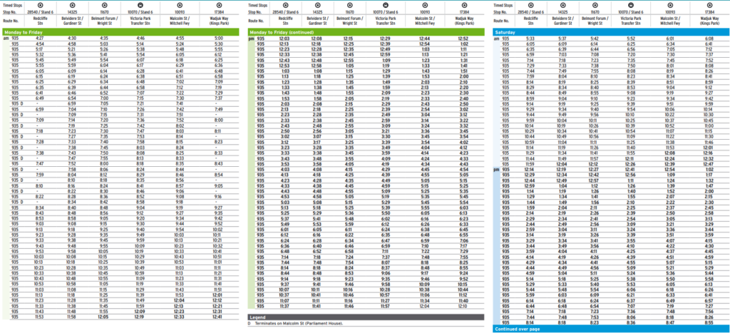 Transperth Bus Route 935 From Redcliffe Stn - Kings Park Timetables ...