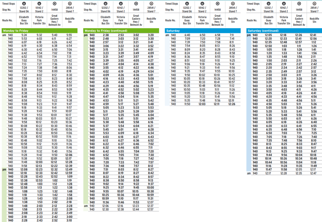 Transperth Bus Route 940 From Perth - Redcliffe Stn Timetables, Route ...