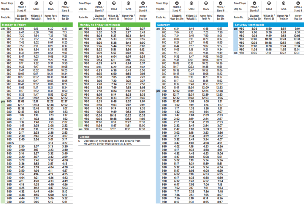 Transperth Bus Route 980 From Perth - Morley Bus Stn Timetables, Route ...