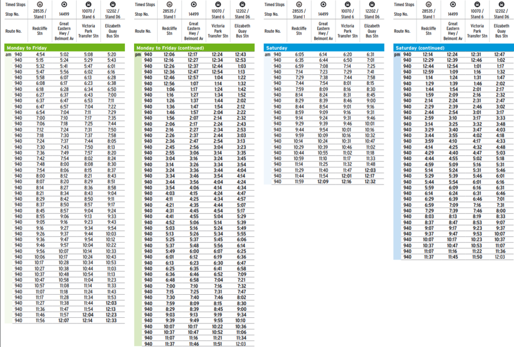 Transperth Bus Route 940 From Perth - Redcliffe Stn Timetables, Route ...