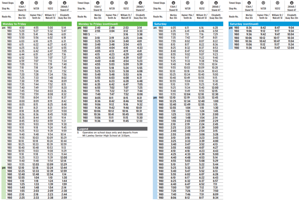 Transperth Bus Route 980 From Perth - Morley Bus Stn Timetables, Route ...