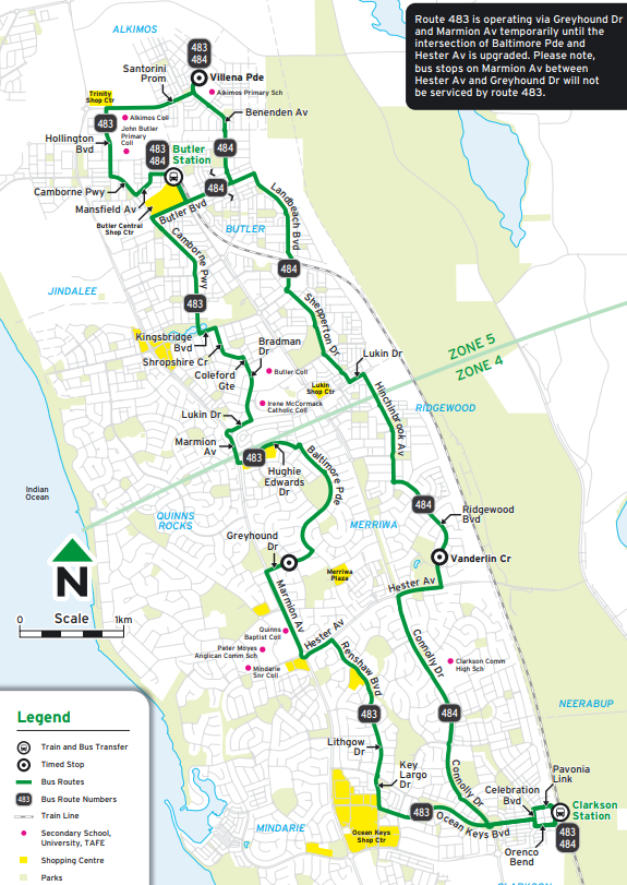 Transperth Bus Route 483 Clarkson Stn To Alkimos Timetables Route